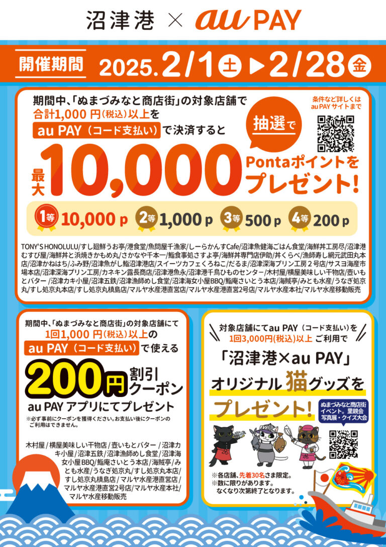 「沼津港にゃんこタオル」がもらえる！auPAYキャンペーン 2/1～28まで | ぬまづみなと商店街